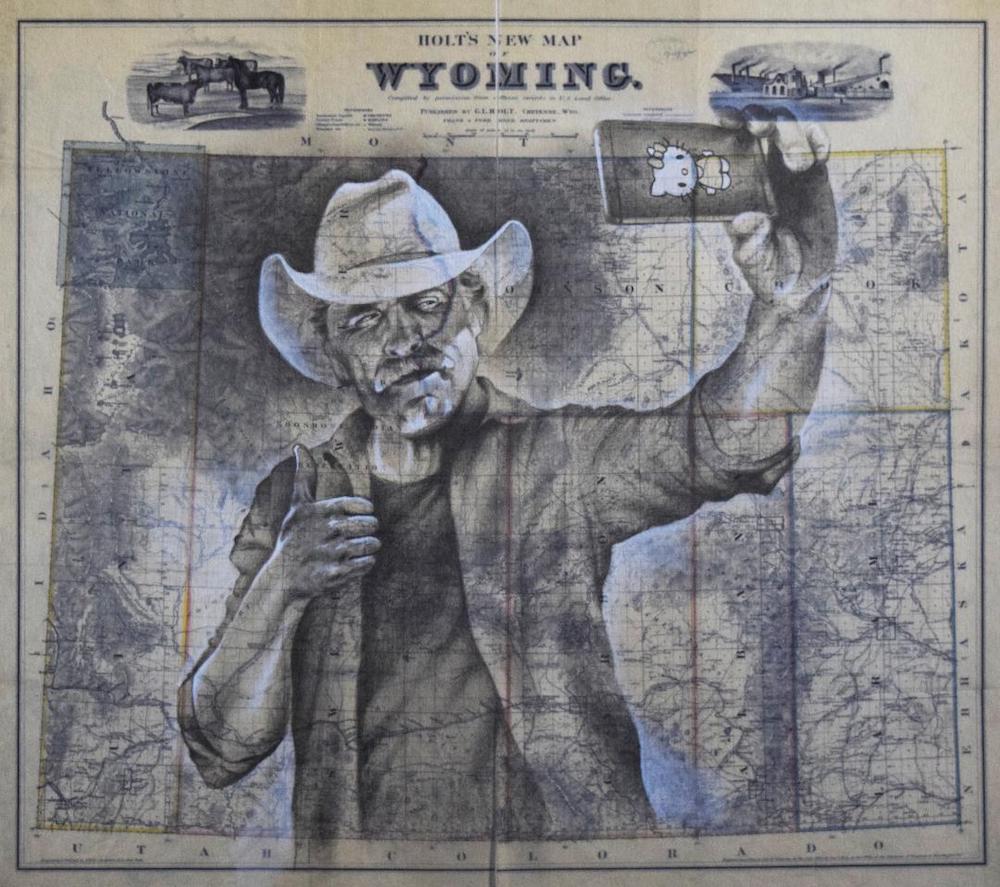 “Hello Cowboy” Graphite & Acrylic on Vintage map image 18in x 24in ...